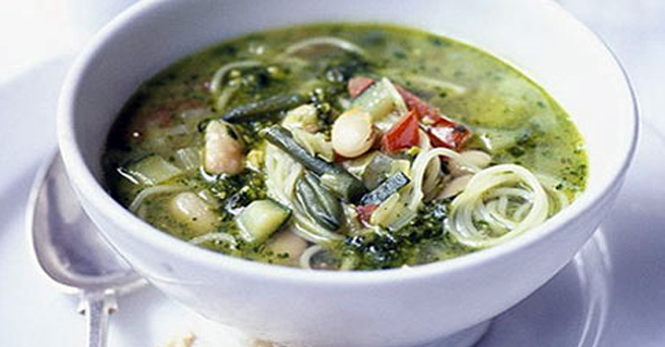 Spring Vegetable Soup with Basil Pesto